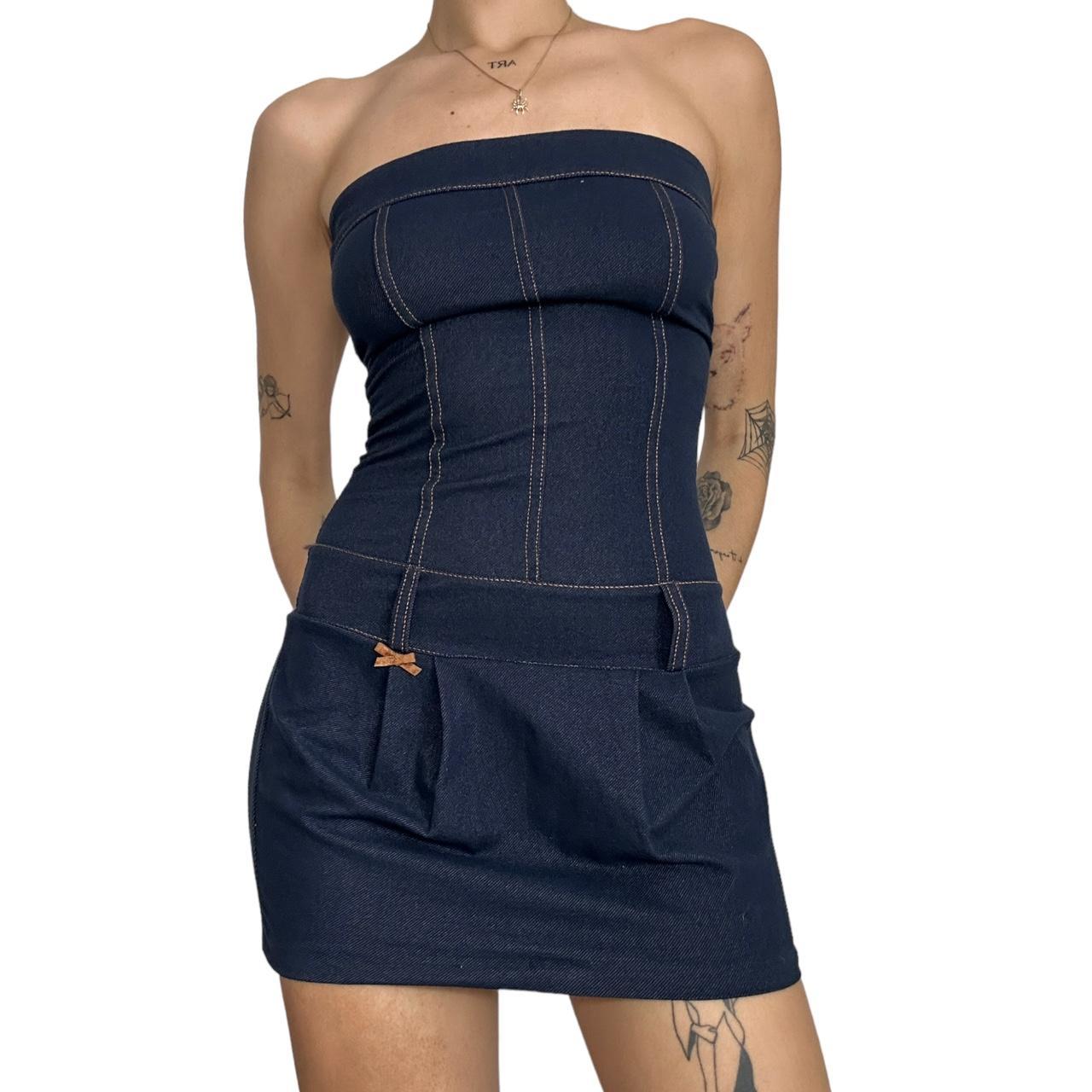 Y2k denim dress strapless bodycon mini... - Depop