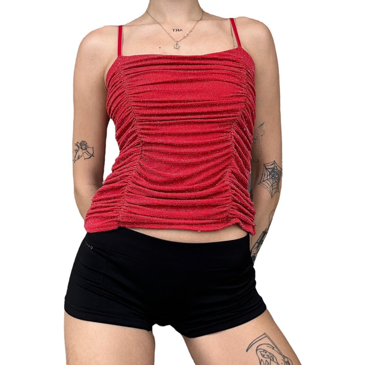 90s ruched top red sparkly tank top Vintage y2k... - Depop
