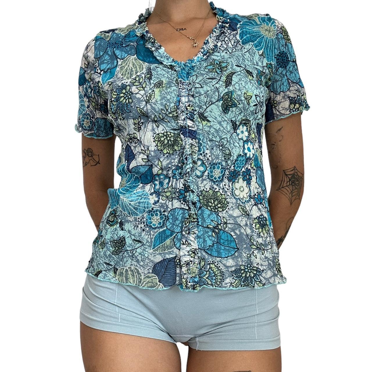 Y2k mesh top blue floral shirt sleeve tee Vintage... - Depop