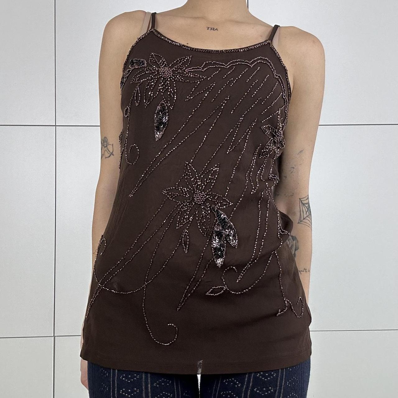 Y2k mesh cami top brown beaded sequin Vintage 2000s... - Depop