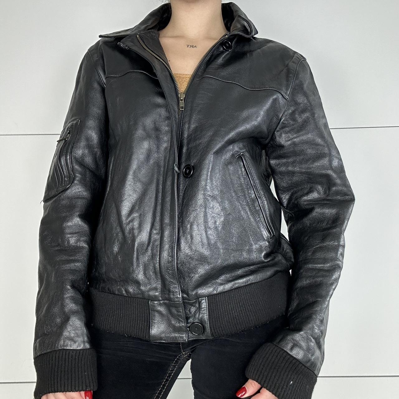 Vintage black leather bomber jacket 90s minimalist... - Depop