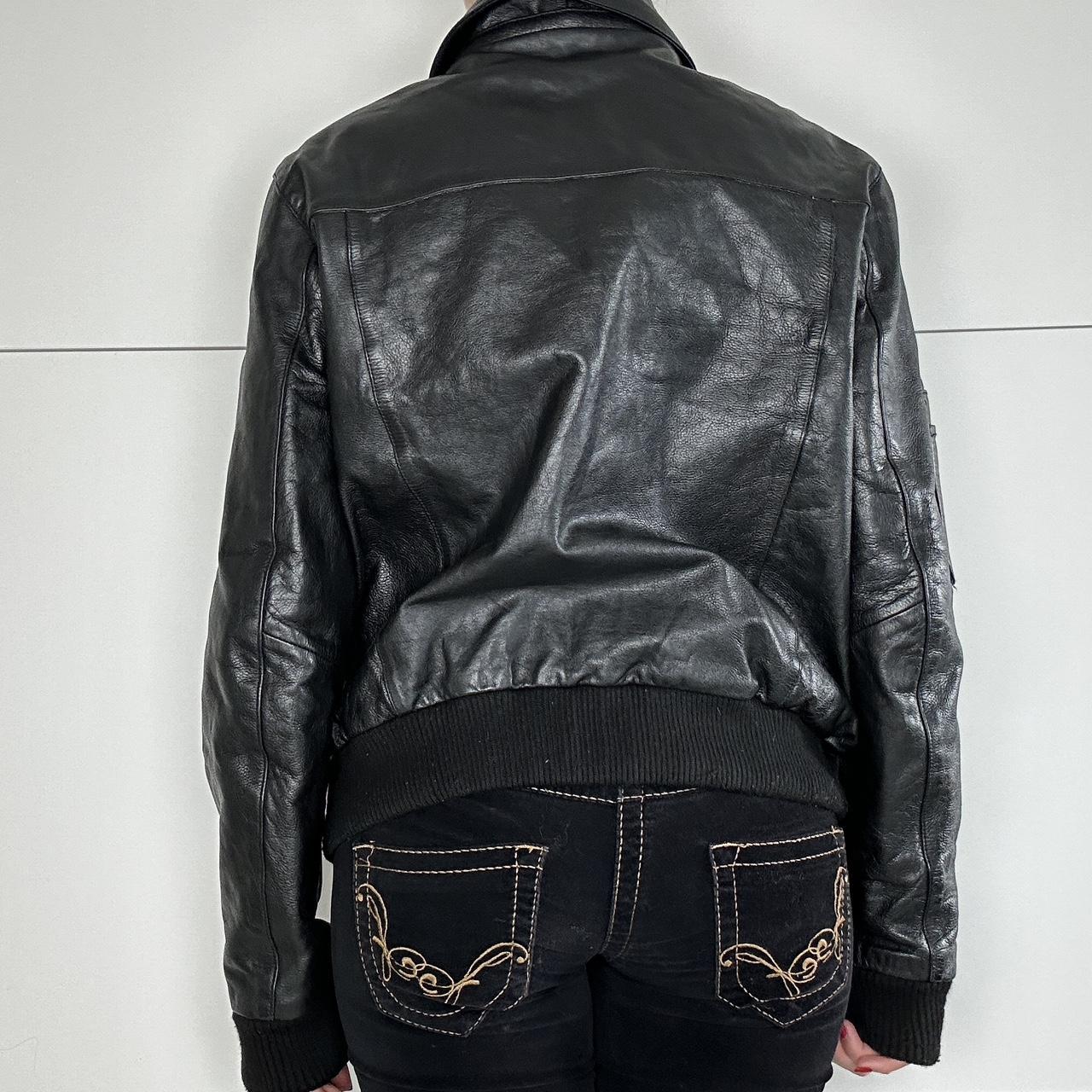 Vintage black leather bomber jacket 90s minimalist... - Depop