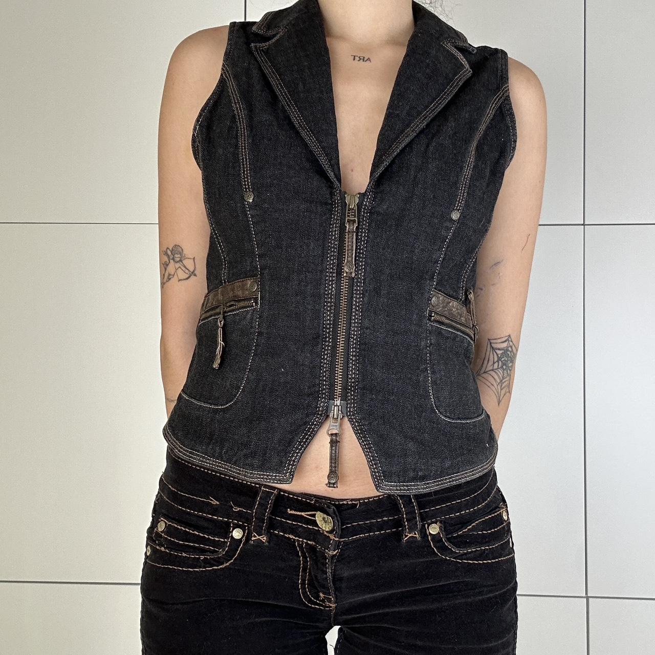Y2k denim vest leather detailing zip up Vintage... - Depop