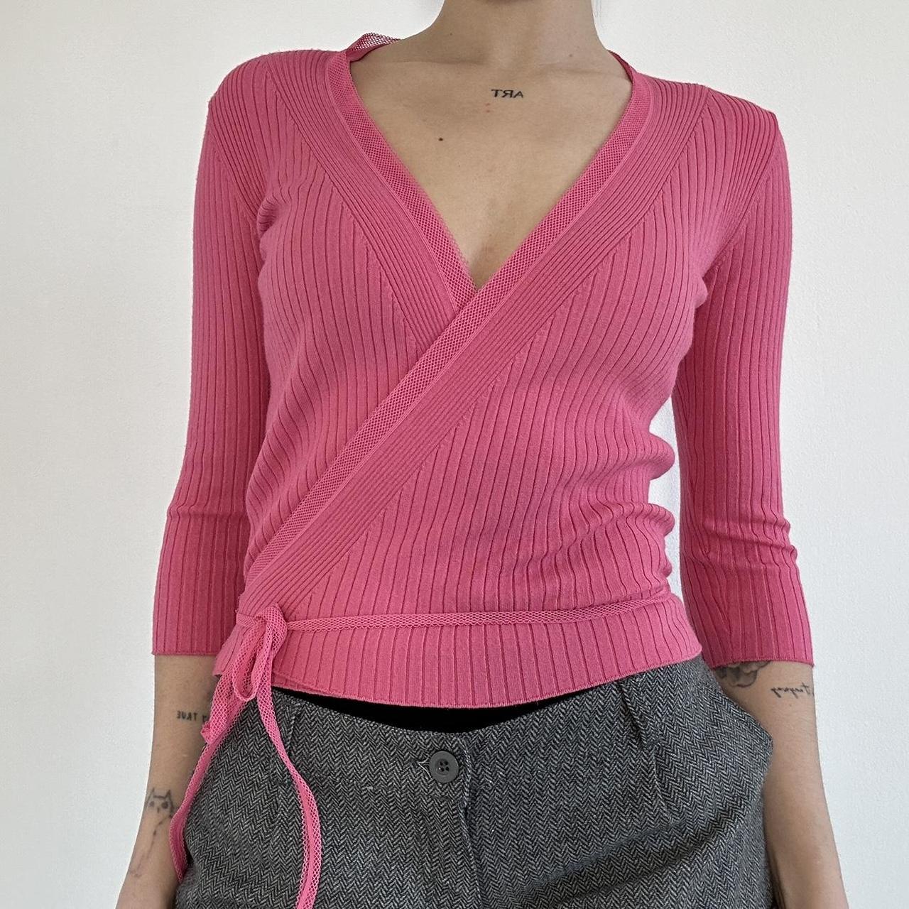 Pink wrap cardigan ribbed top fishnet straps... - Depop