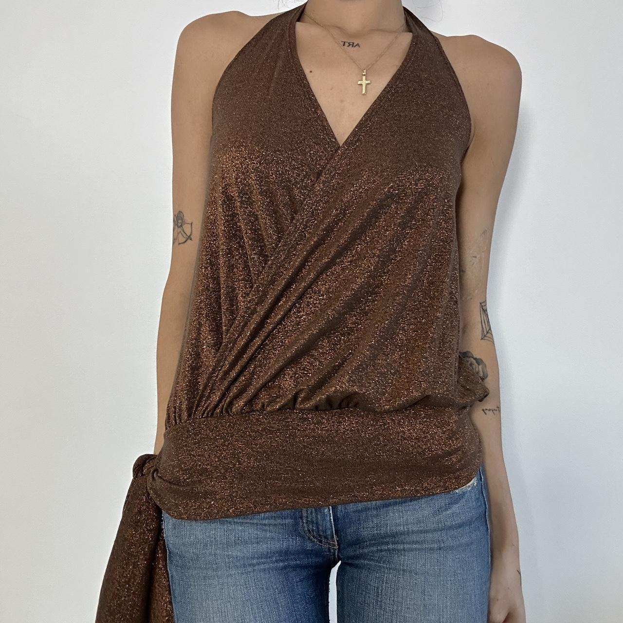 Sparkly brown halter top 2000s y2k tie up waist... - Depop