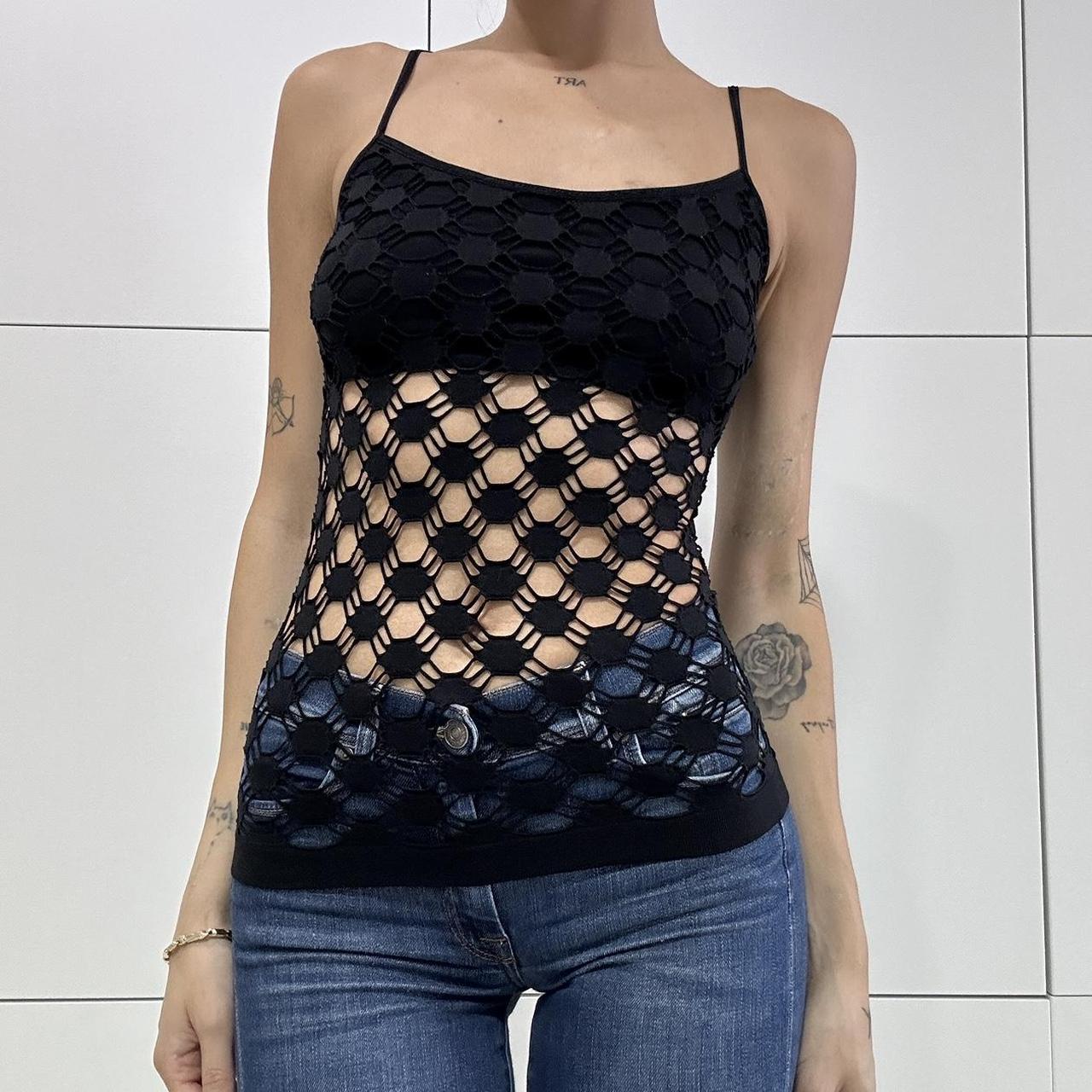 Black cutout tank top 90s stretchy fishnet fitted... - Depop