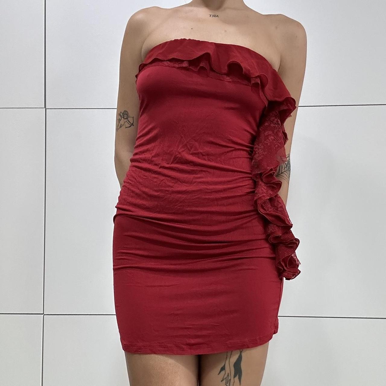 Red ruffled mini dress 2000s y2k fairy ruffle lace... - Depop