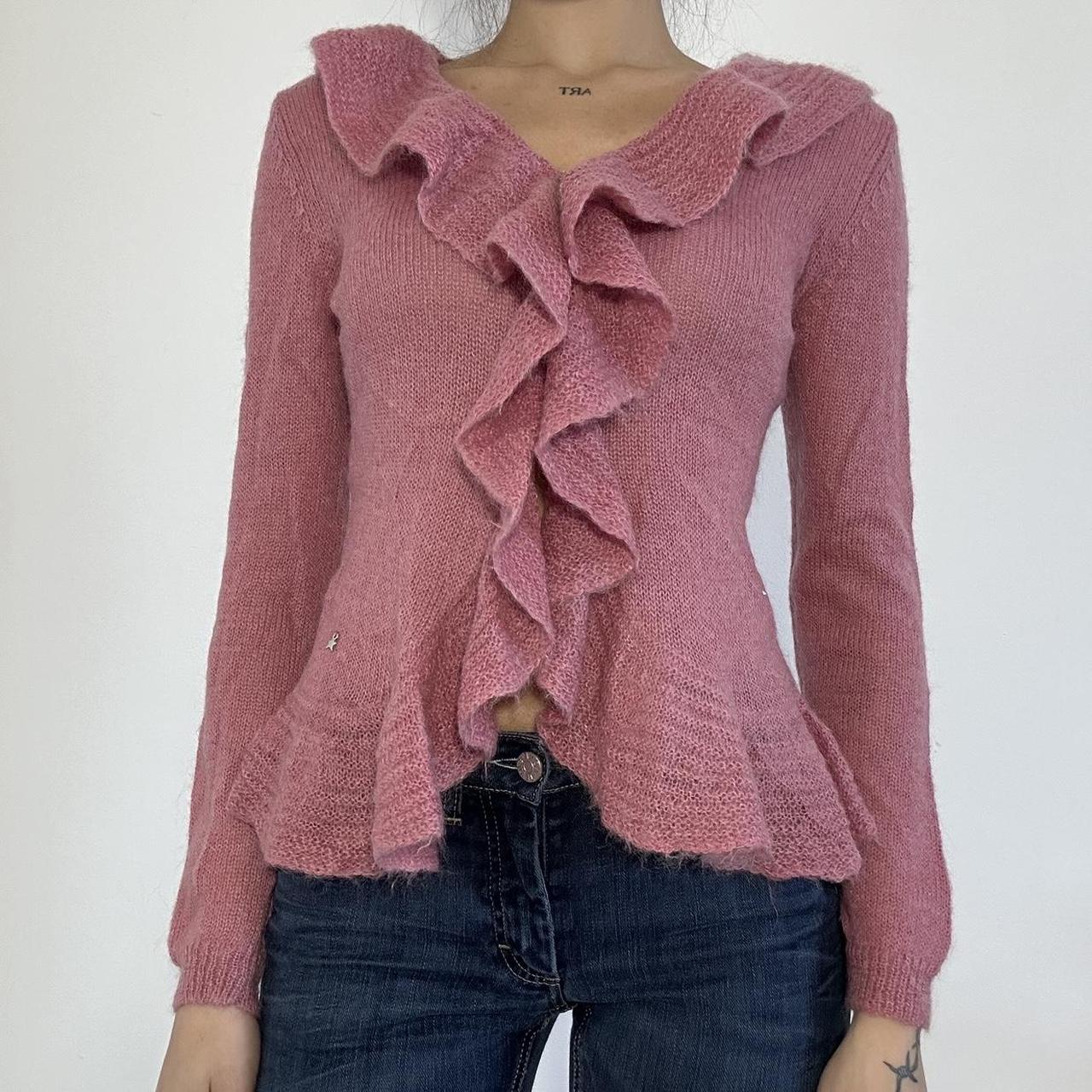 Mohair knit ruffle cardigan 2000s y2k ruffled... - Depop