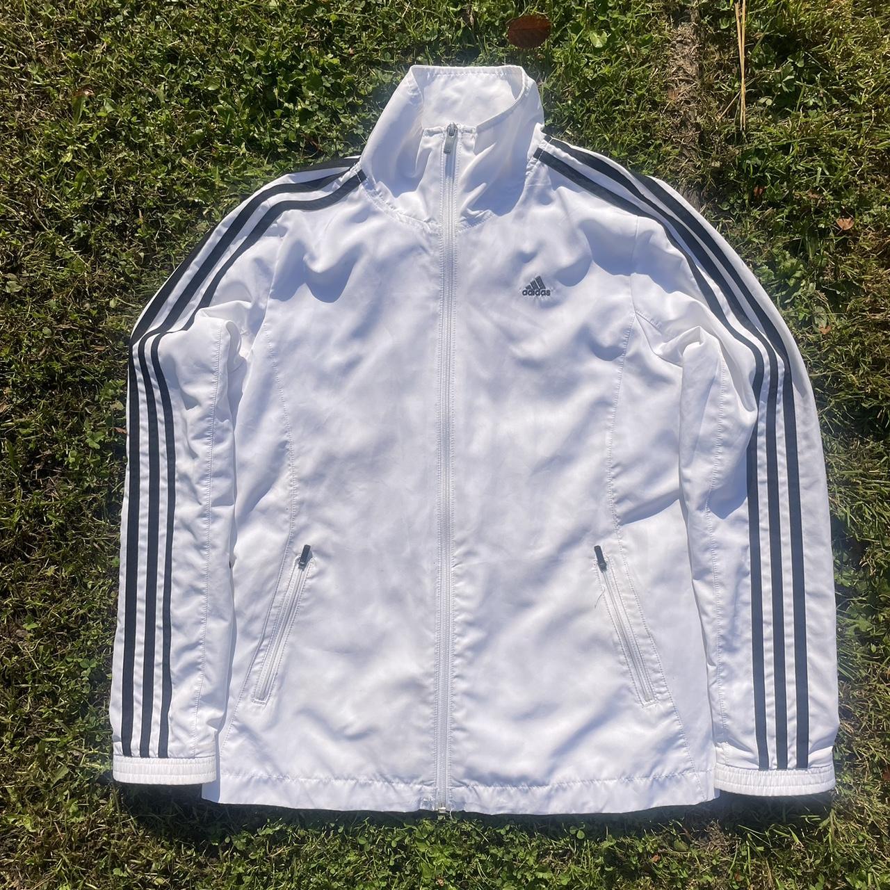Vintage white Adidas jacket with black stripes. In... - Depop