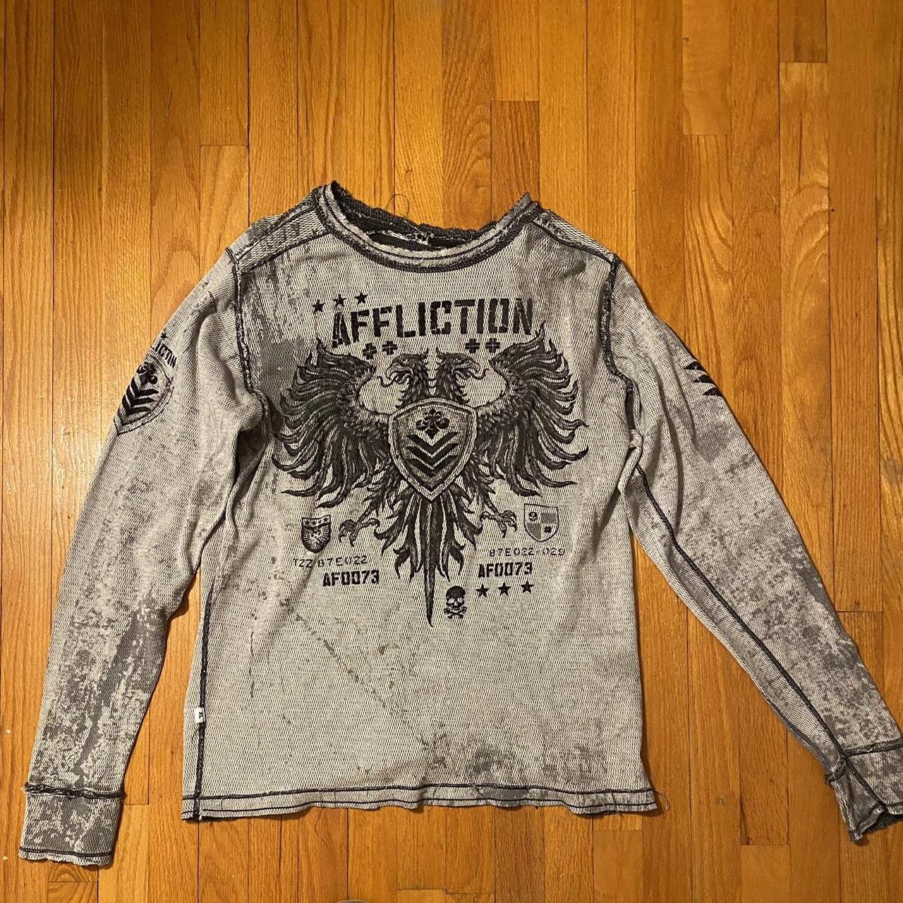 Reversible long sleeve affliction tee. Size XL fits... - Depop