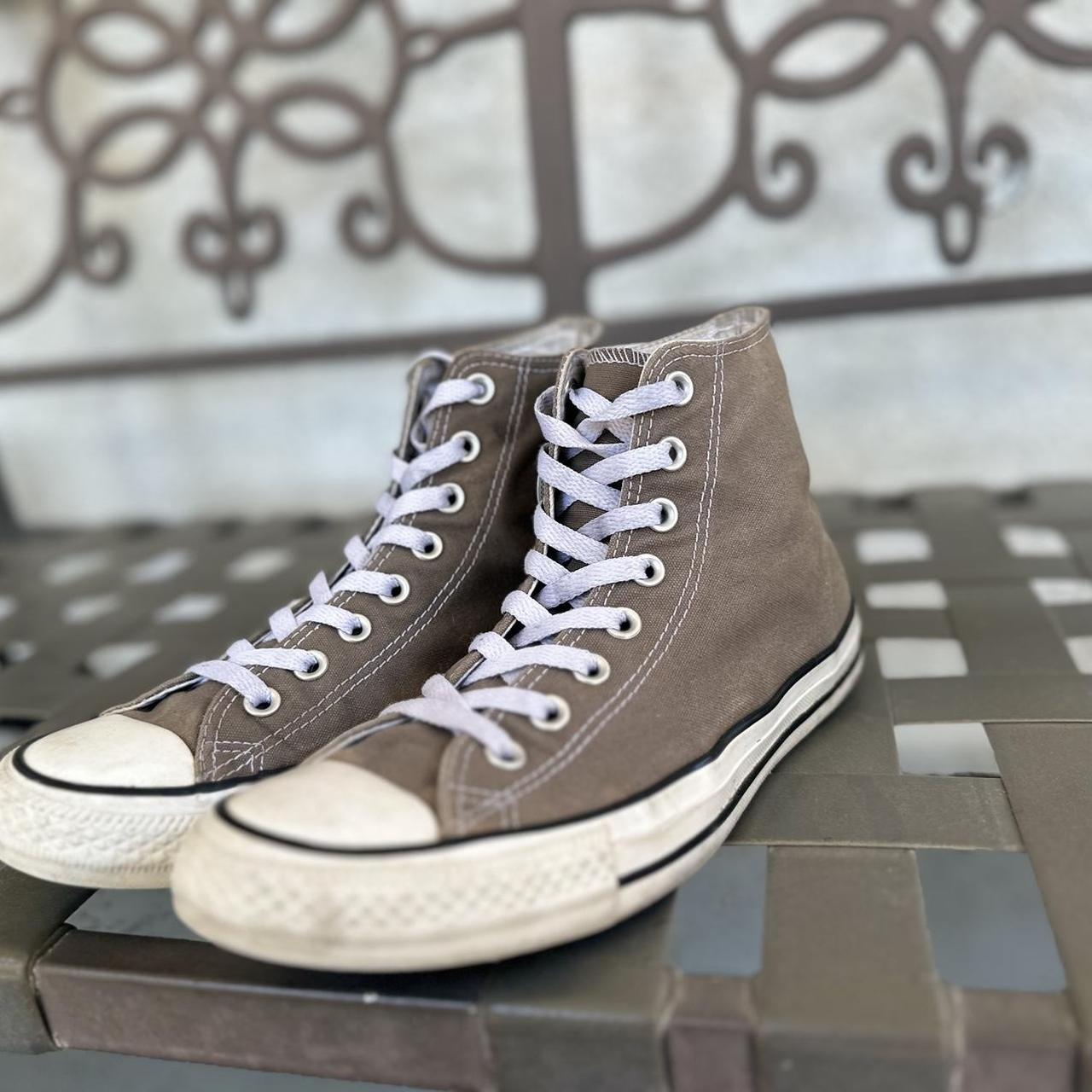 grey and brown Chuck Taylor Converse - white laces... - Depop