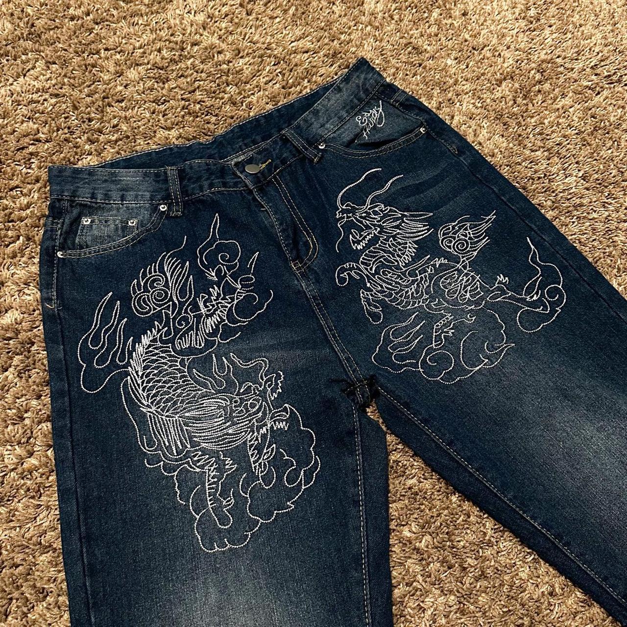 Vintage Y2K Ed Hardy Signature Jeans W/ Dragon... - Depop