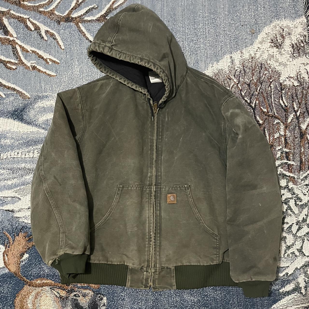 carhartt moss green hooded coat really nice fade... - Depop