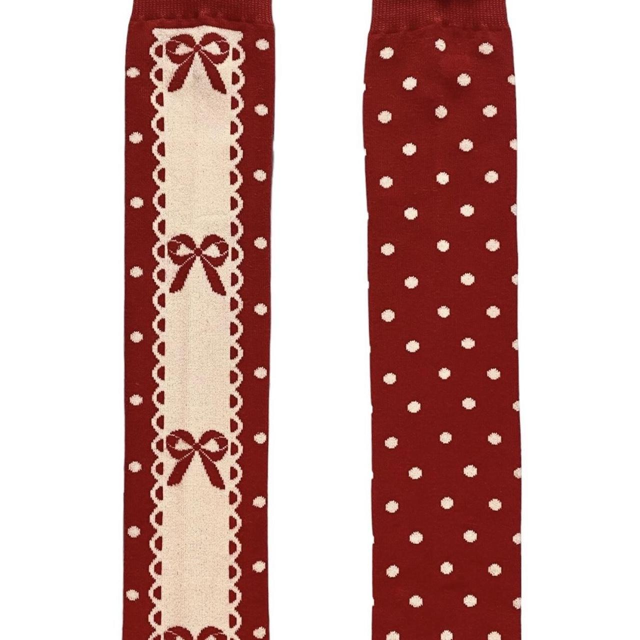 Red bow ribbon polka dot knee high burgundy socks!... - Depop