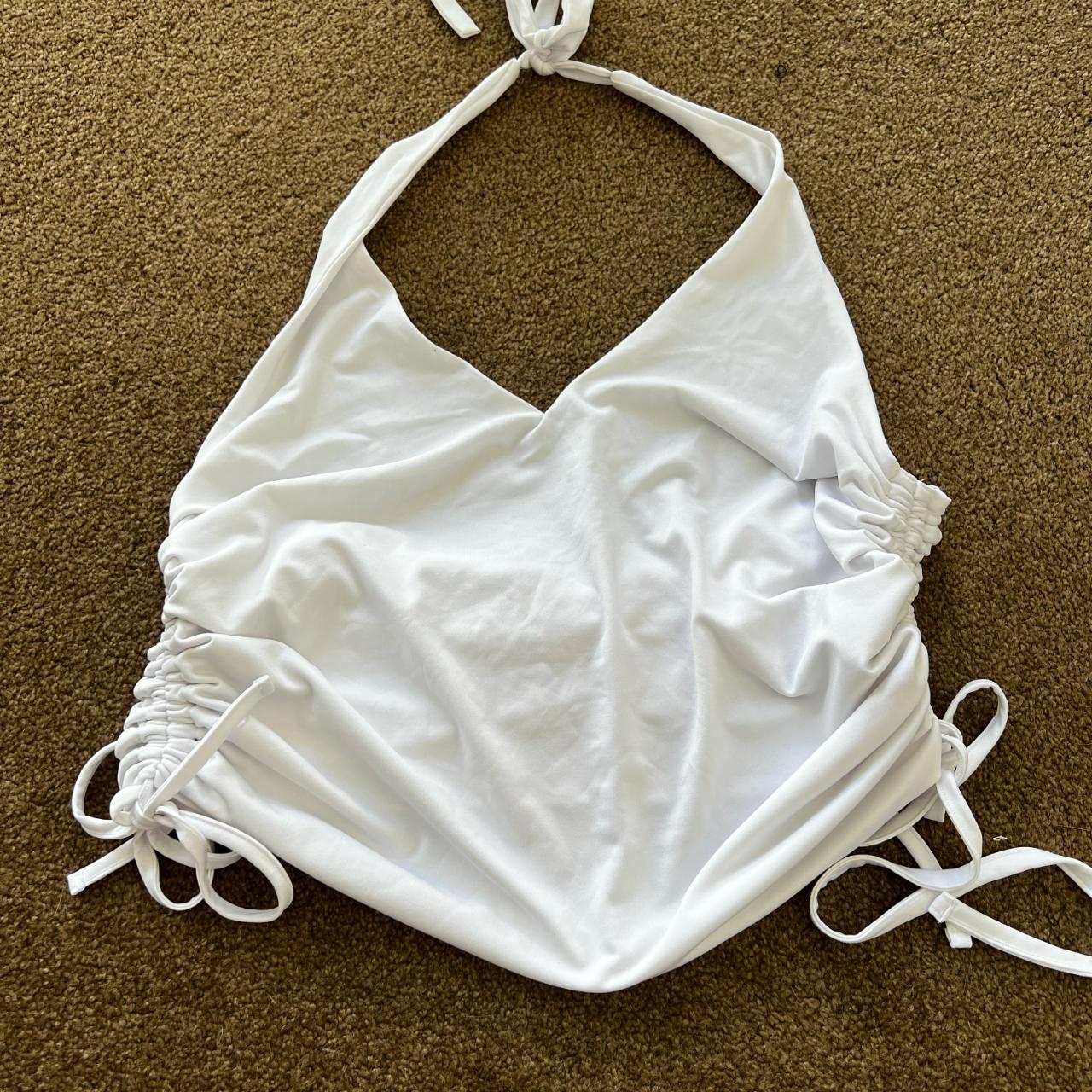 TIE NECK ROUCHED HALTER TOP - WHITE - SIZE L -... - Depop