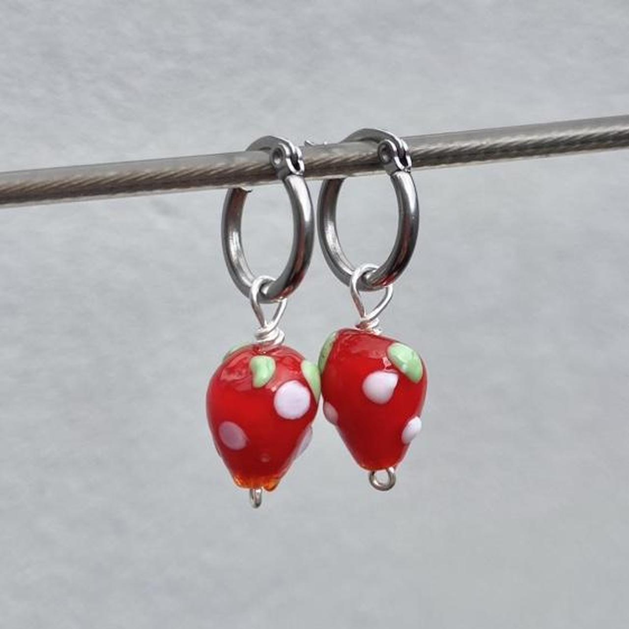 Silver hoops with glass strawberry beads 🍓 16mm... - Depop
