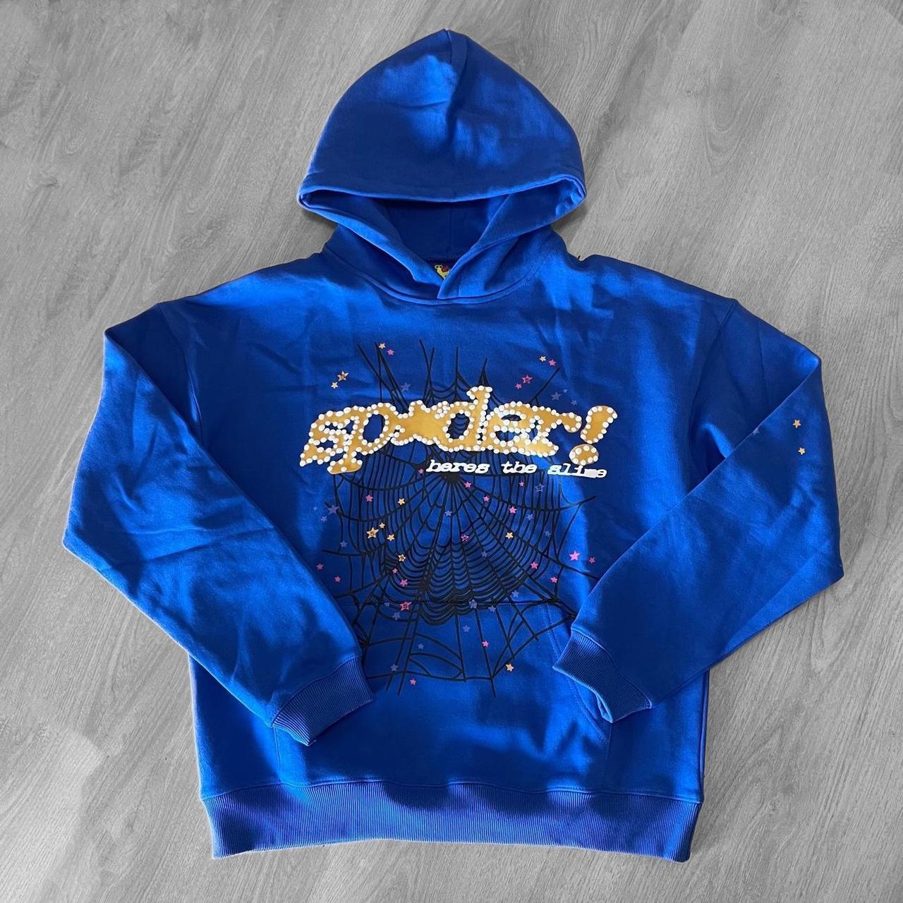 Sp5der blue Hoodie Thick. Warm and cool 10/10 Boxy... - Depop