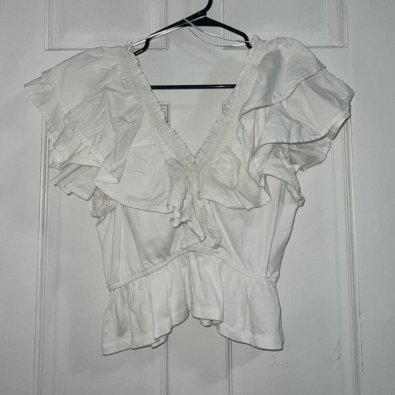 White ruffle blouse from Zara. Semi cropped. Super... - Depop