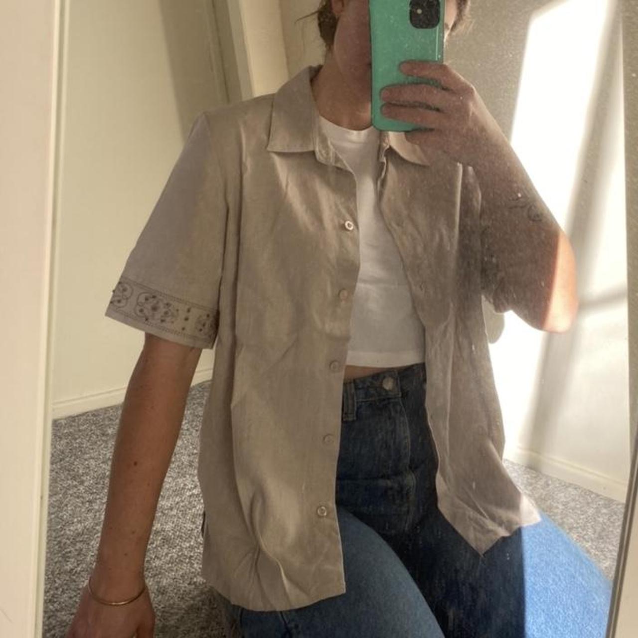 Tan Linen/viscose short sleeve button up shirt with... - Depop