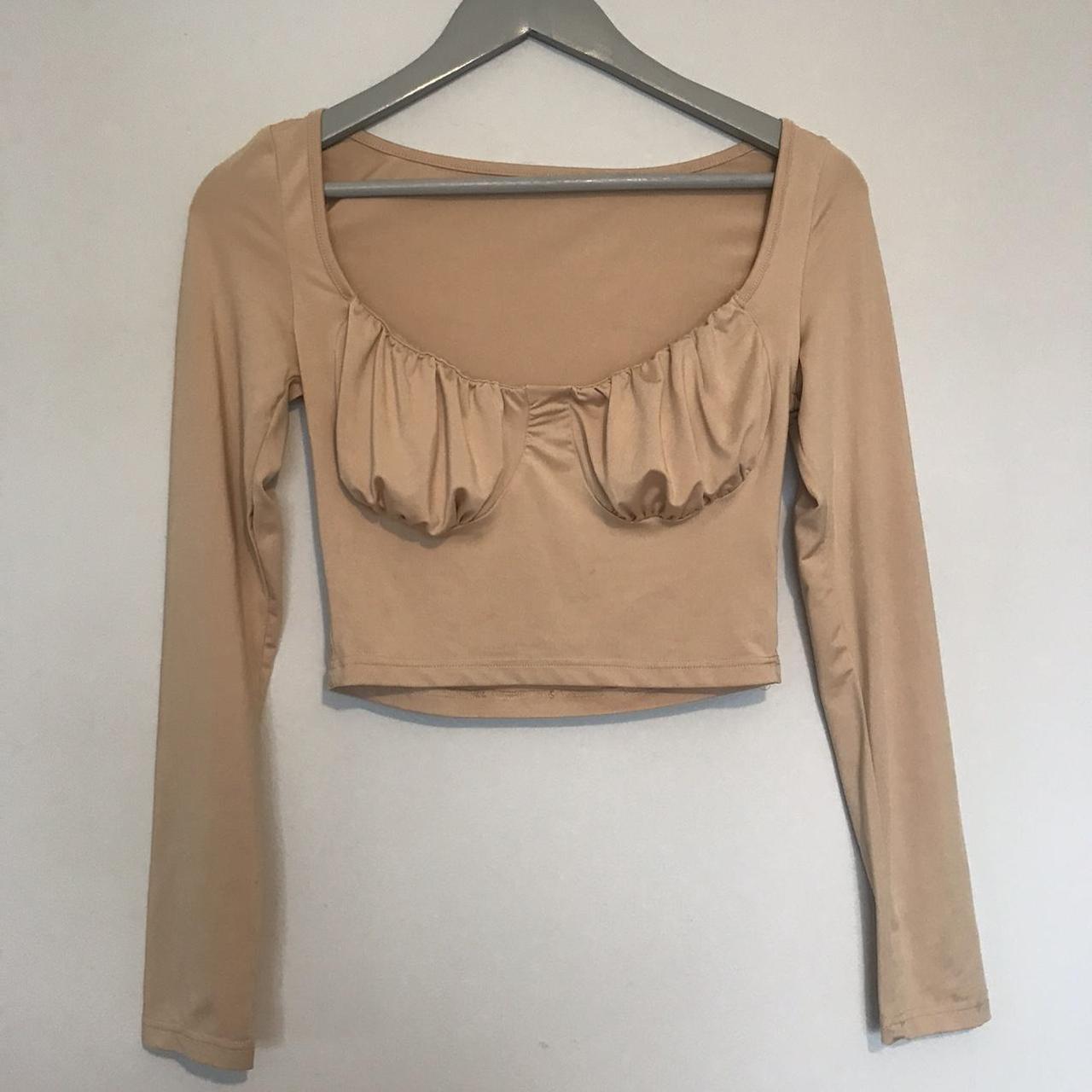 Beige / tan ruched low cut crop top with long... - Depop