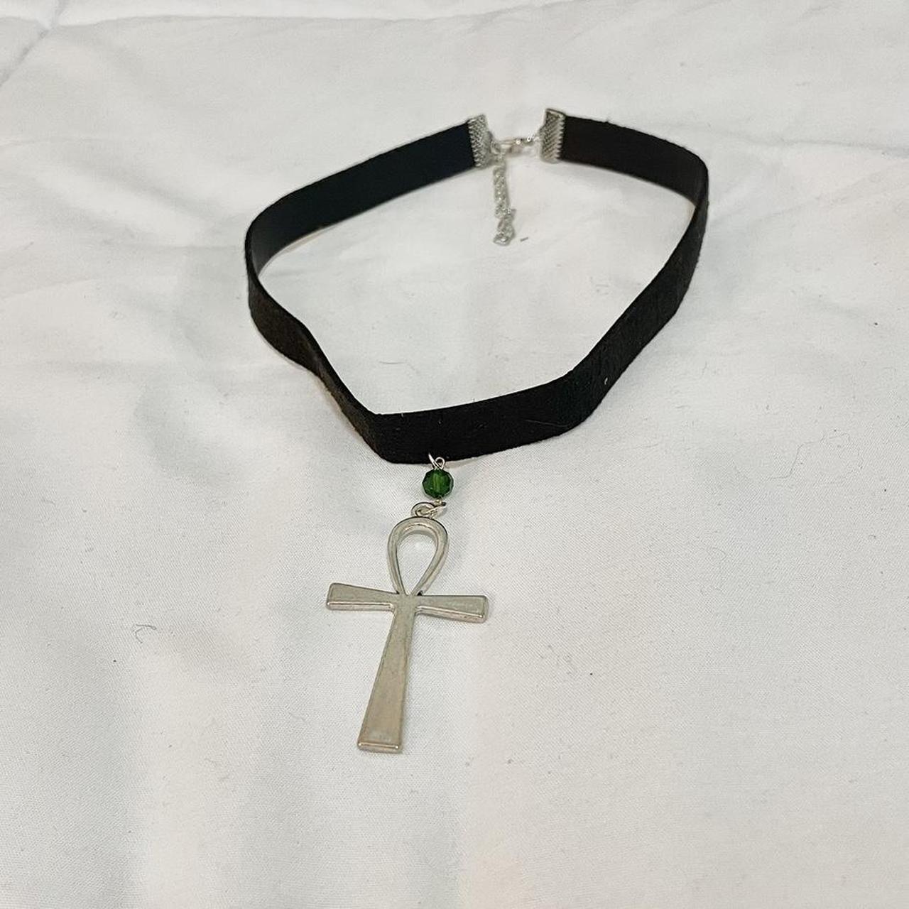 Handmade Large Silver Ankh Choker with Green Gem A... - Depop
