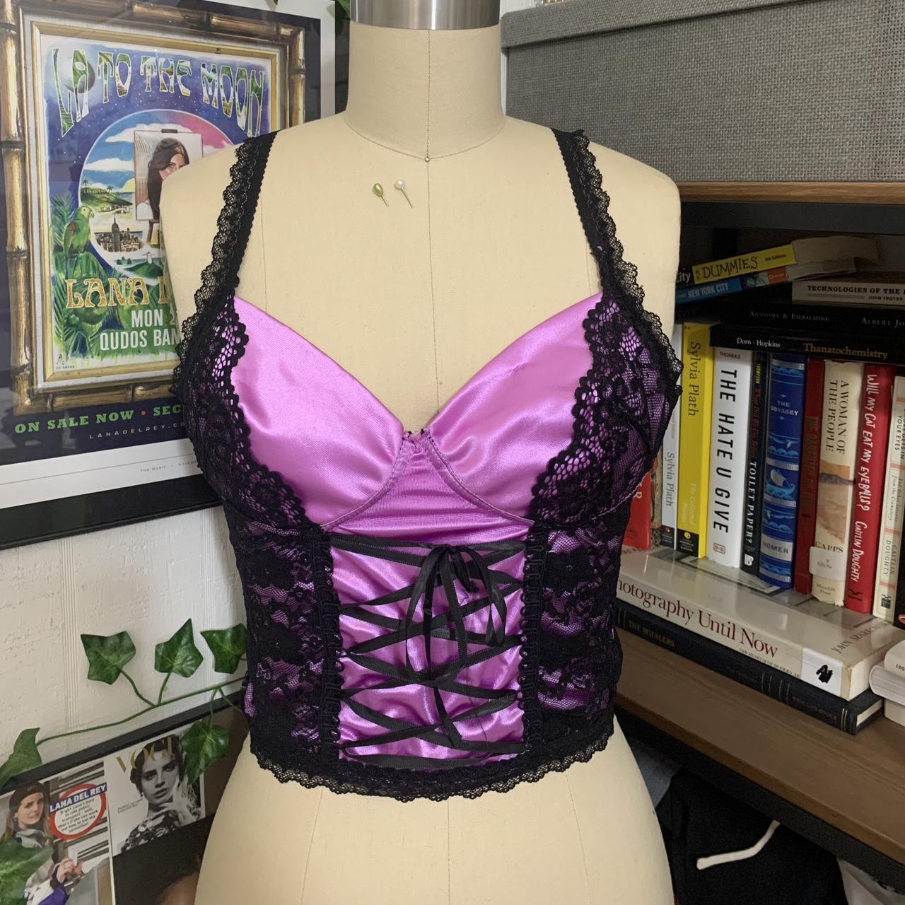 Purple and black lace corset style top Size small... - Depop