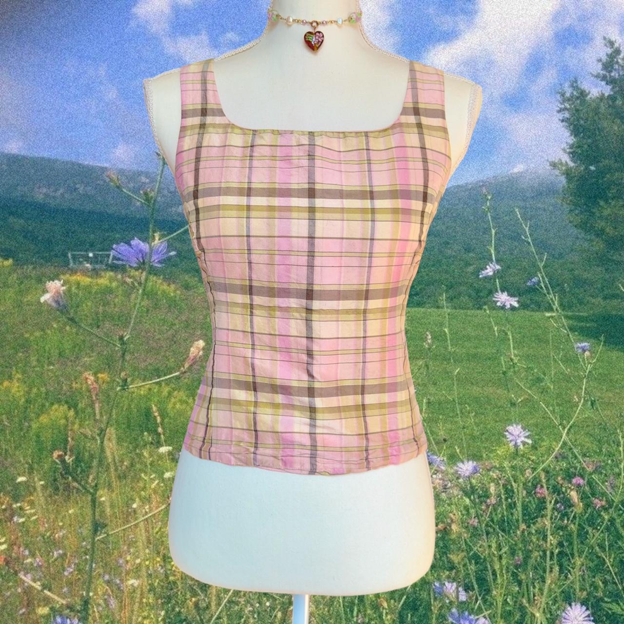 REPOP 100% silk material, square neck line, plaid... | Depop