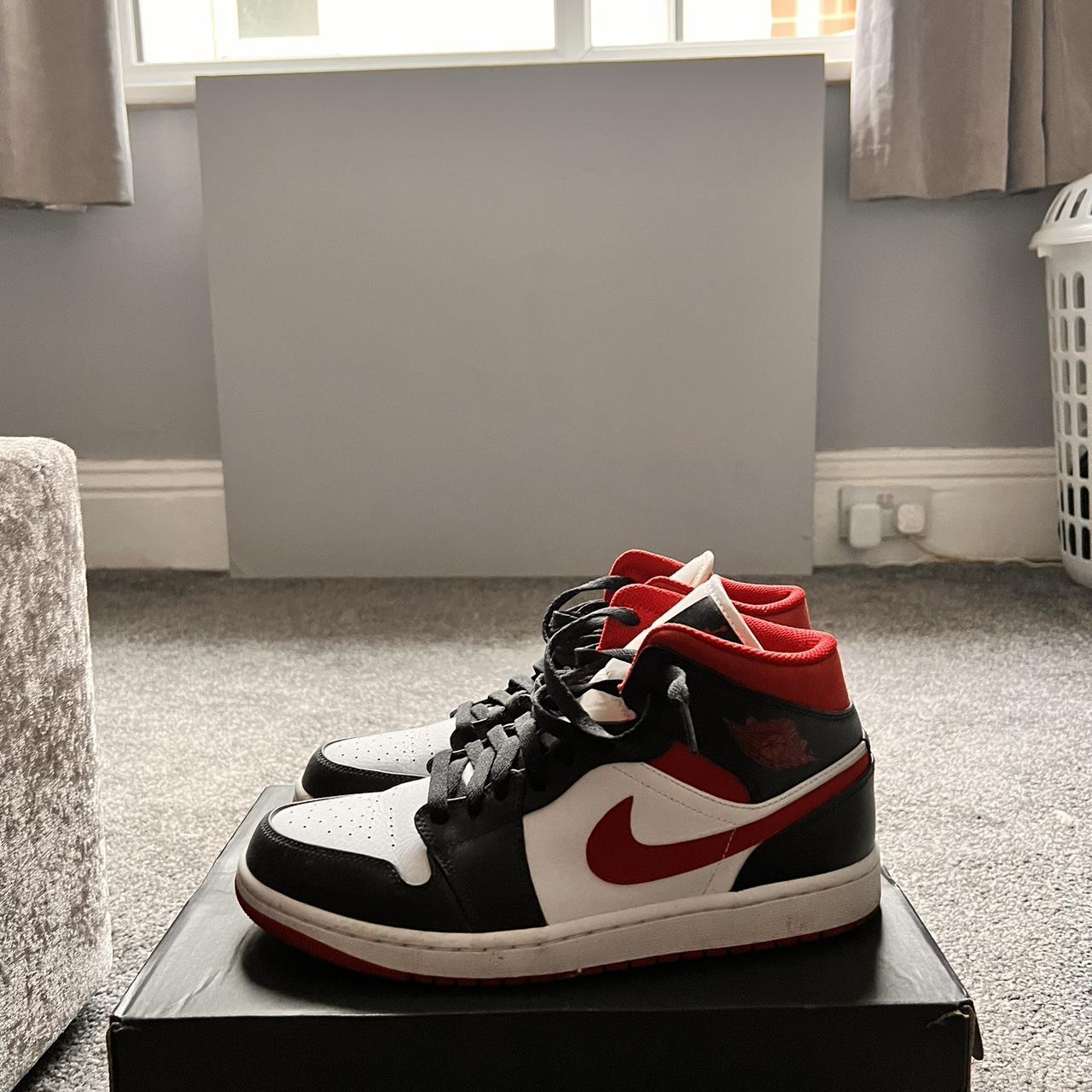 Jordan 1s mid black red white worn once excellent... - Depop