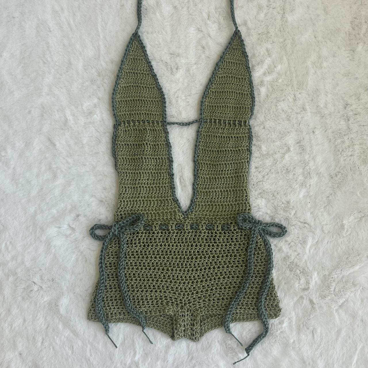 green crochet bodysuit/romper/one-piece bikini —... | Depop