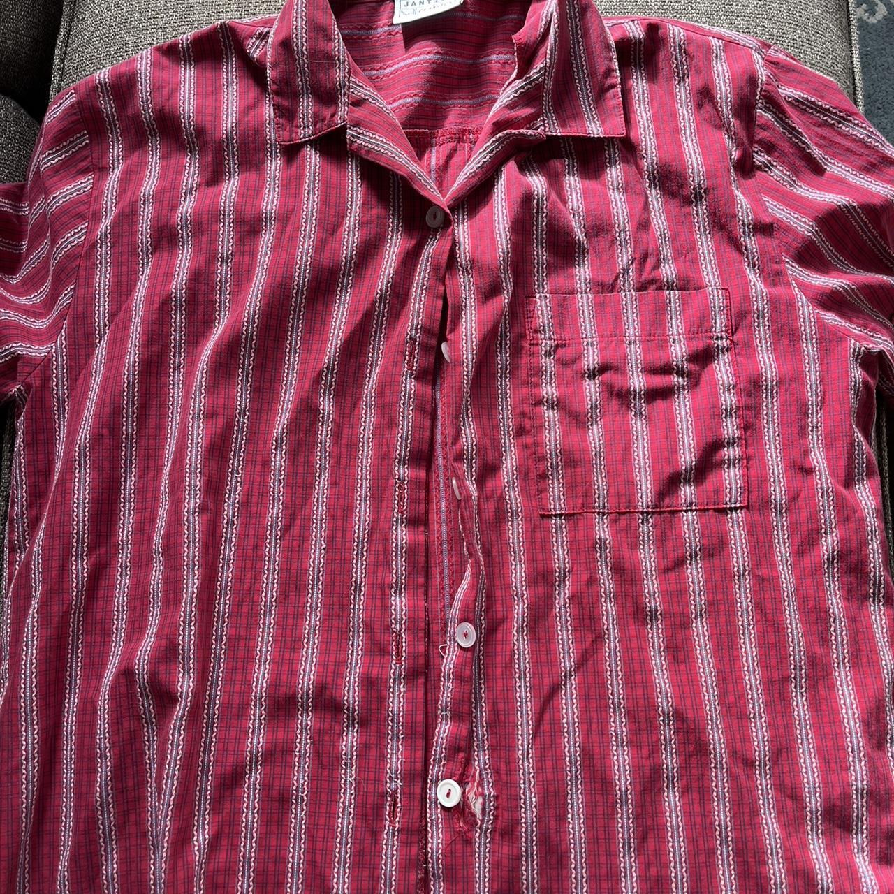 Red stripped button up top, fits like a large, minor... - Depop