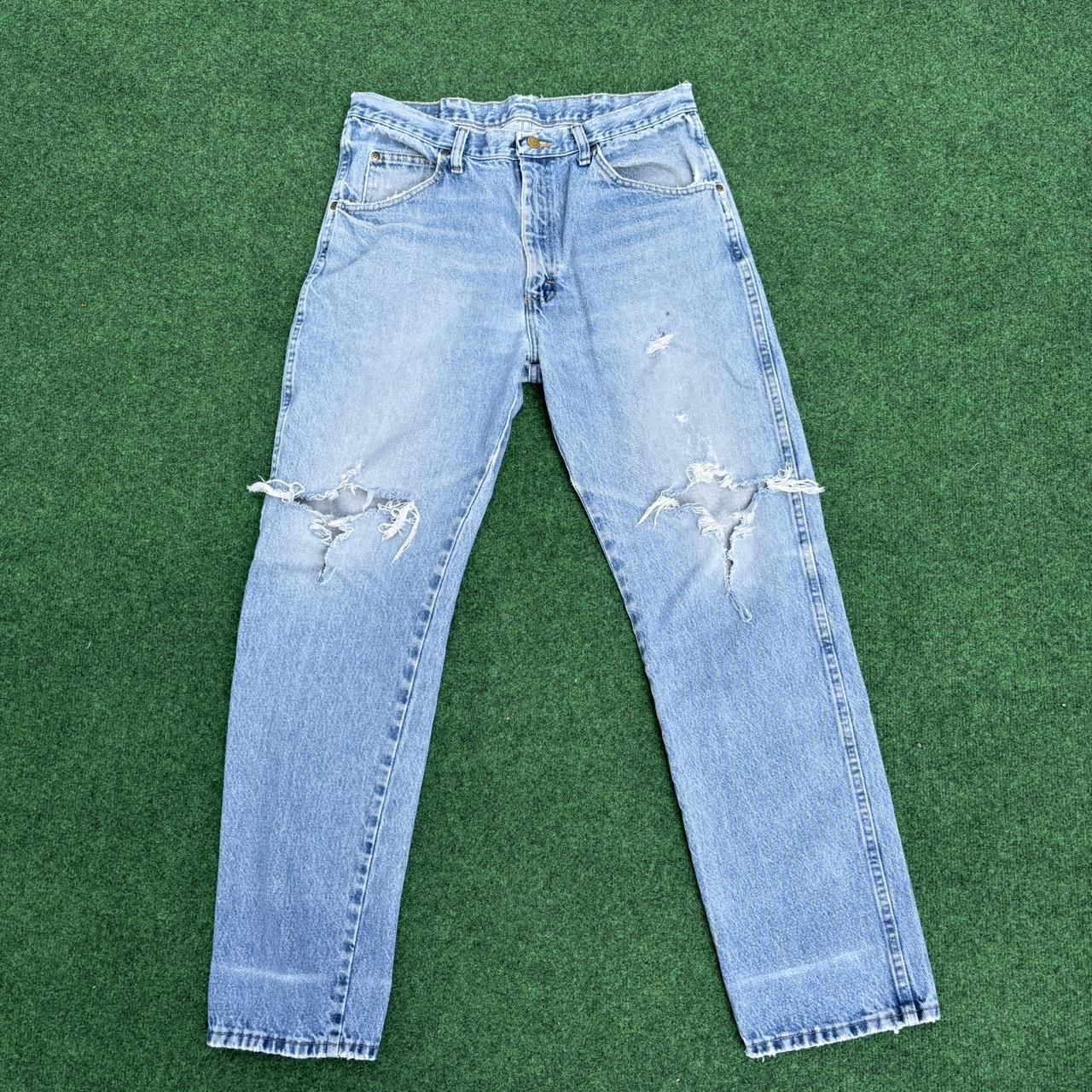 Blue wrangler ripped jeans MEASURES‼️ size: 34,... - Depop
