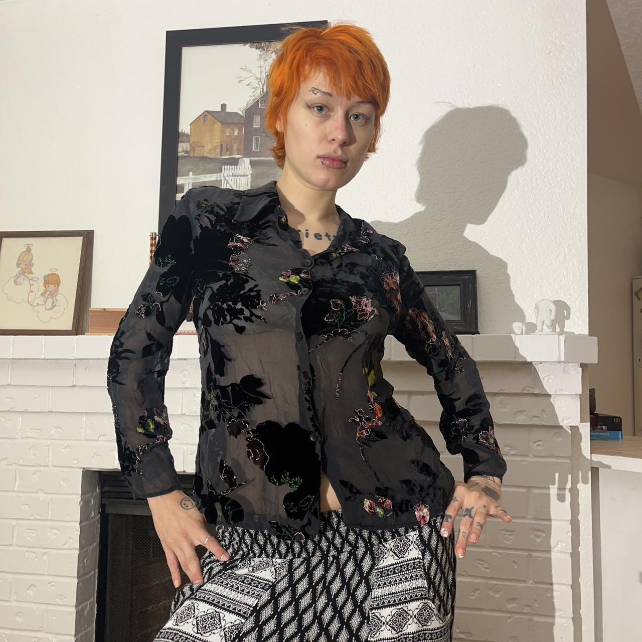 Black 90’s button up sheer blouse w/ velvet flowers... - Depop