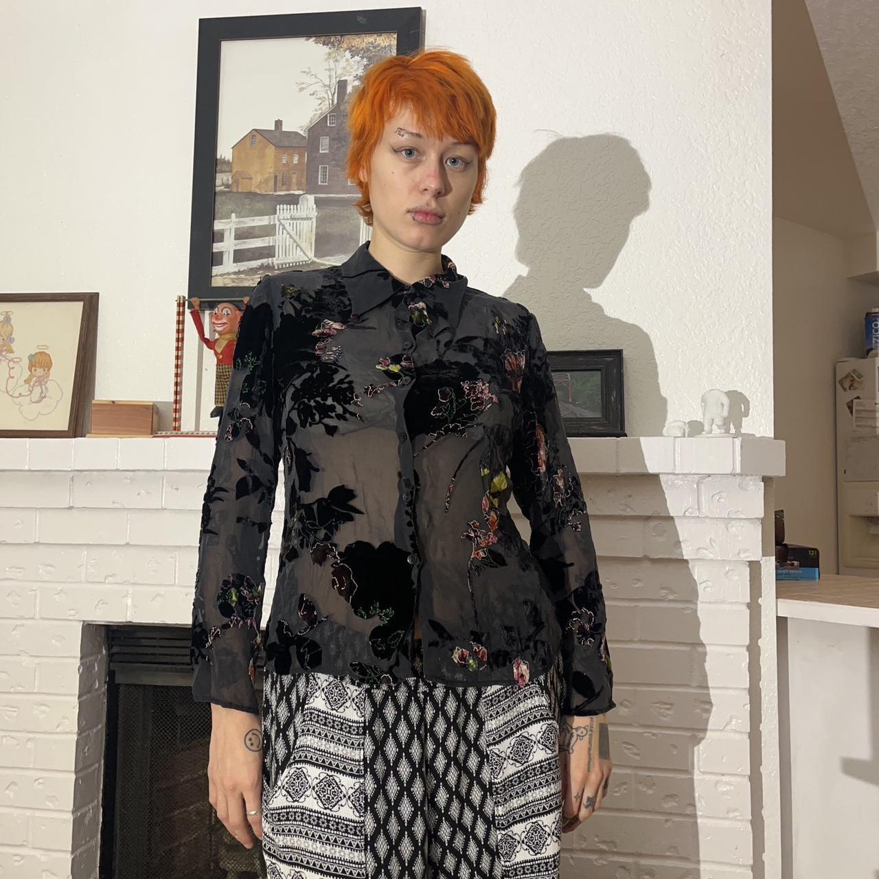 Black 90’s button up sheer blouse w/ velvet flowers... - Depop
