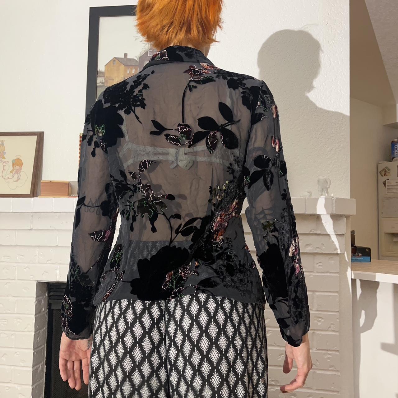 Black 90’s button up sheer blouse w/ velvet flowers... - Depop