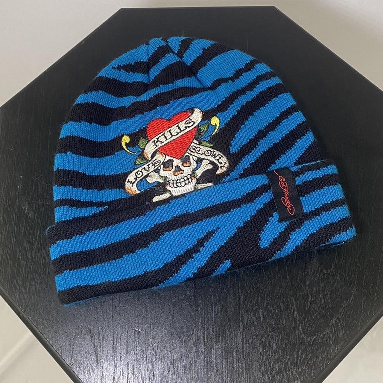 Ed Hardy blue zebra print skull cap - Depop