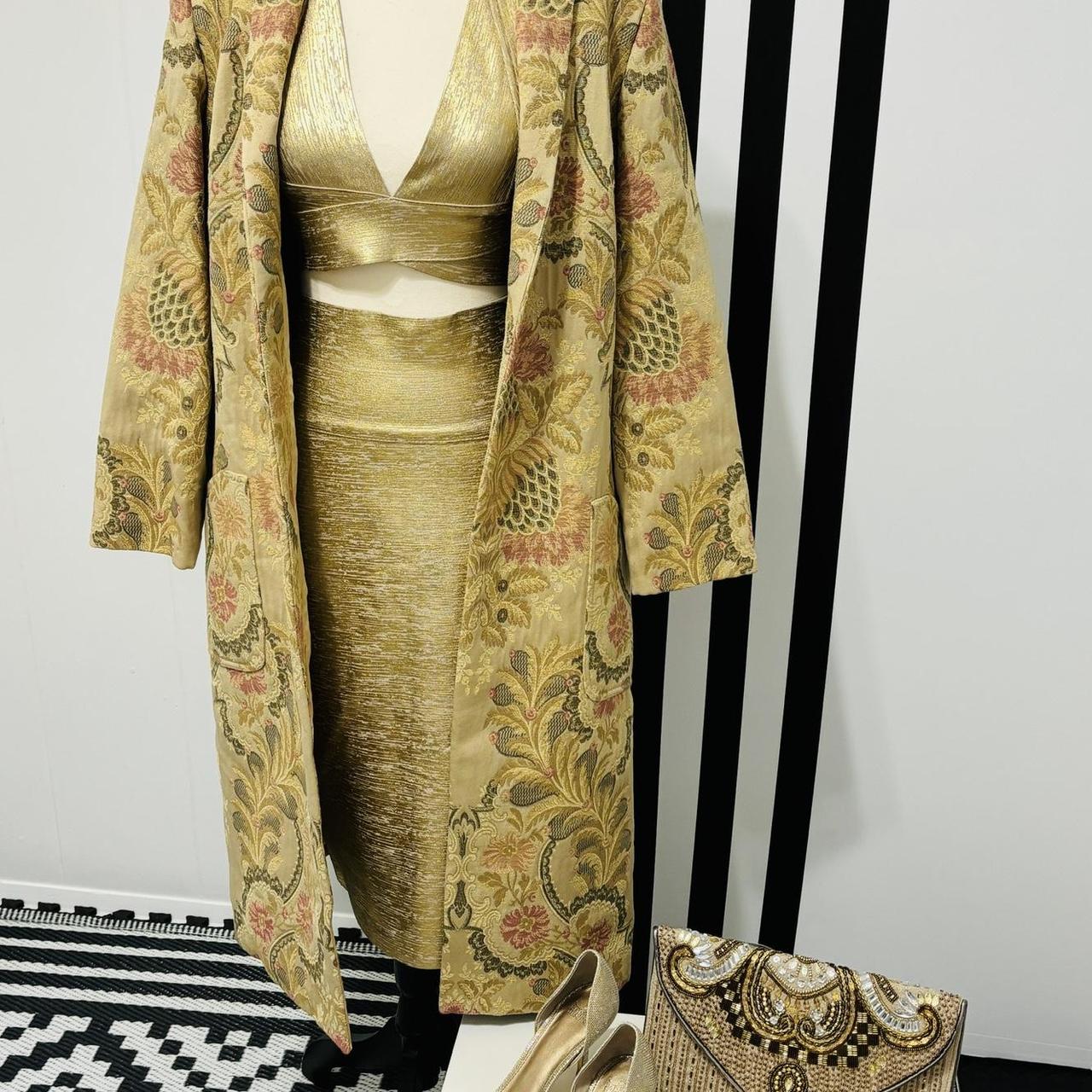 Brocade coat with gold lurex thread detail, patch... - Depop