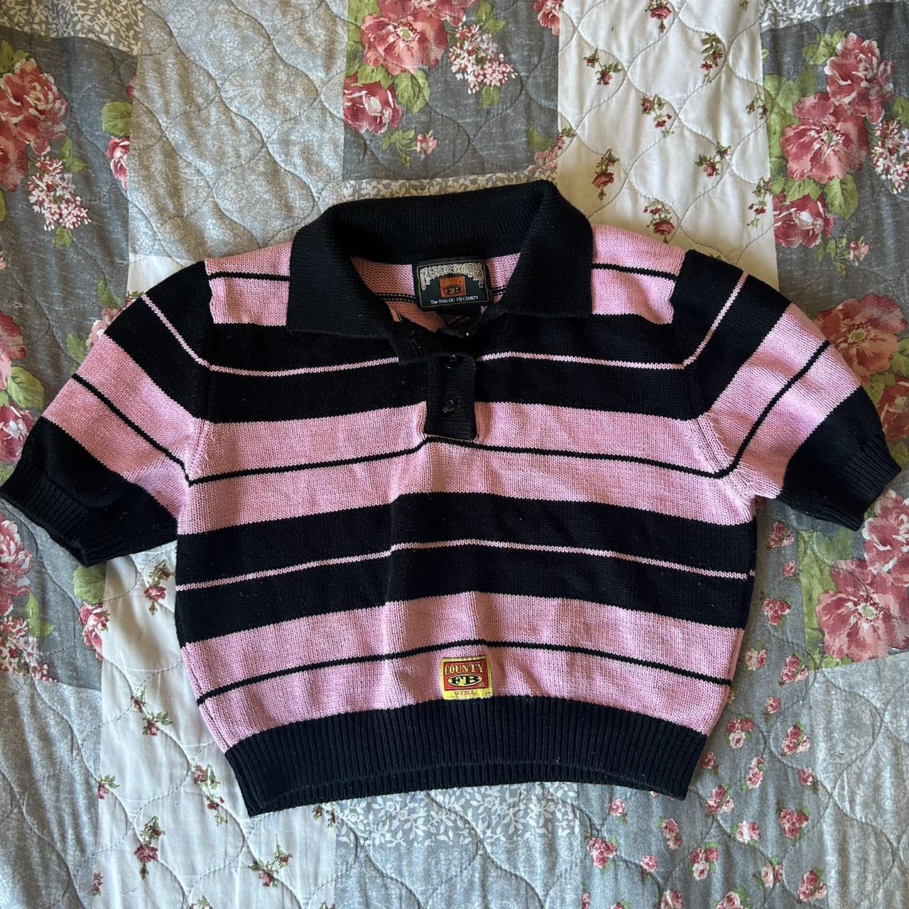 fb county pink and black striped collar crop top... - Depop