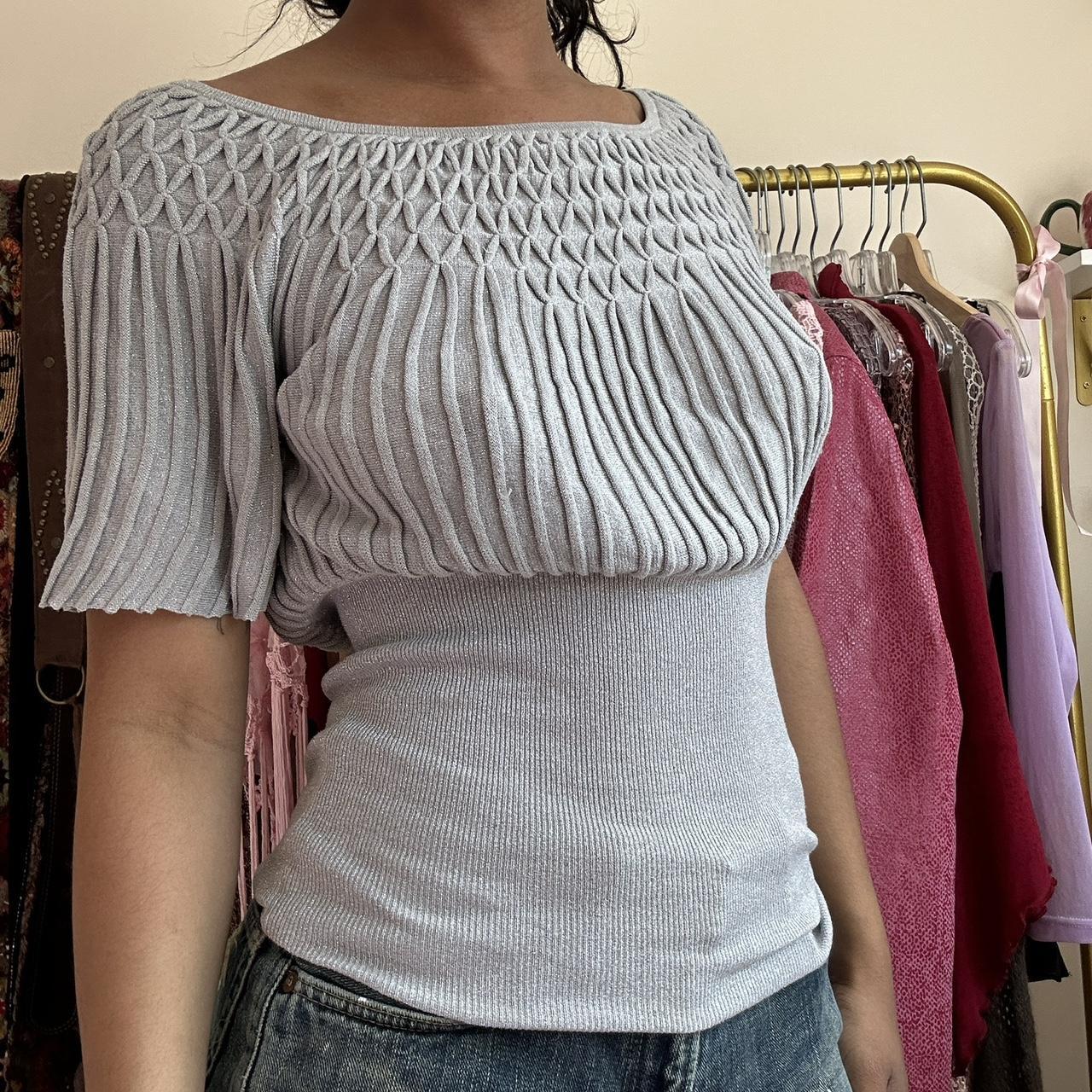 Grey knit top with pleated detail, short sleeves... | Depop
