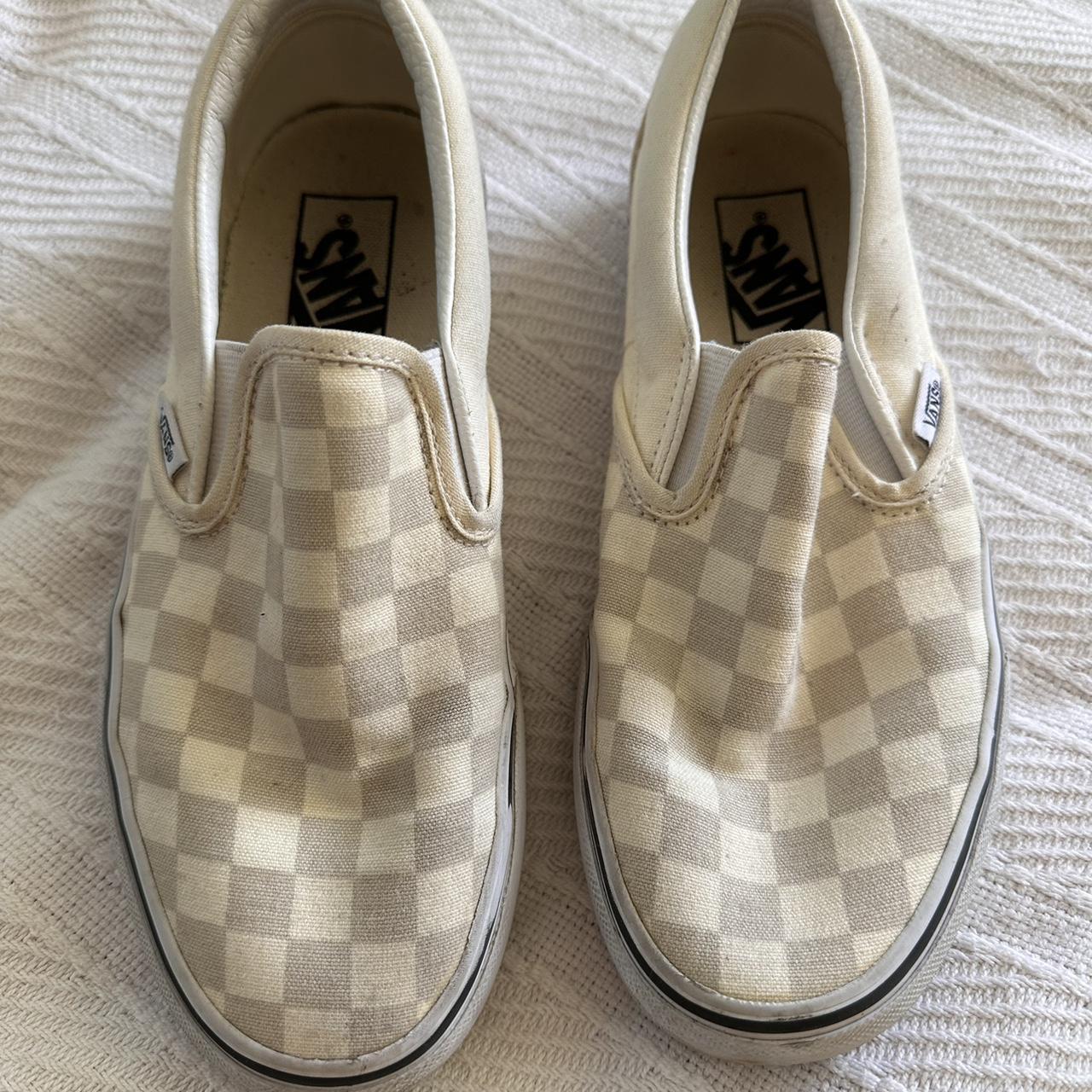 CREAM CHECKERED SLIP ON VANS slightly worn but still... - Depop