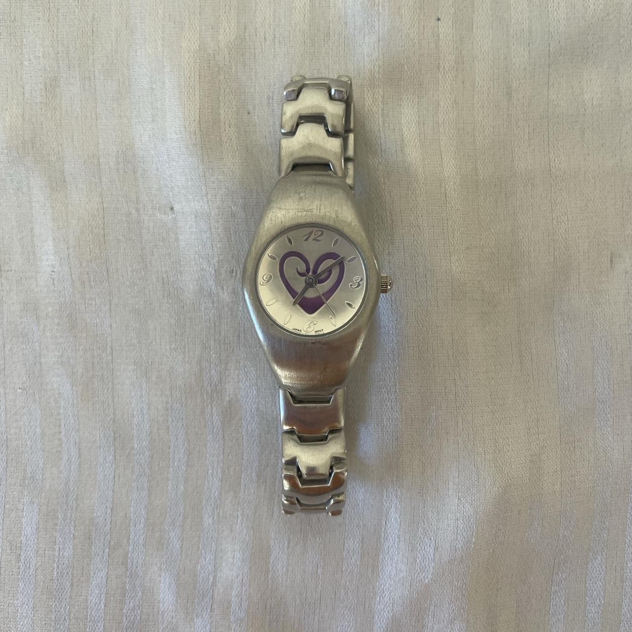 Y2K Silver clasping watch with Purple Heart design... - Depop