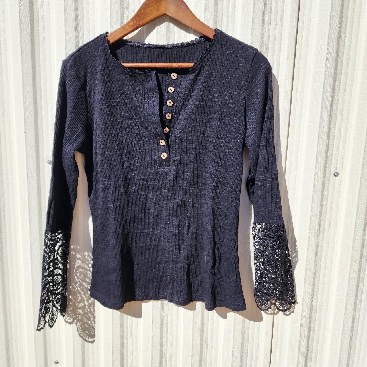 Black thermal henley button-up with pretty lace bell... - Depop