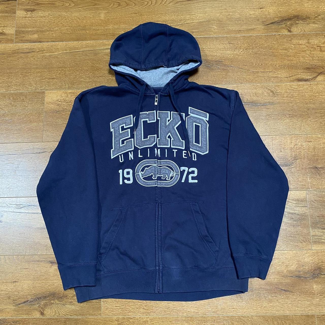 Ecko Unltd. Men's Navy and Grey Hoodie | Depop