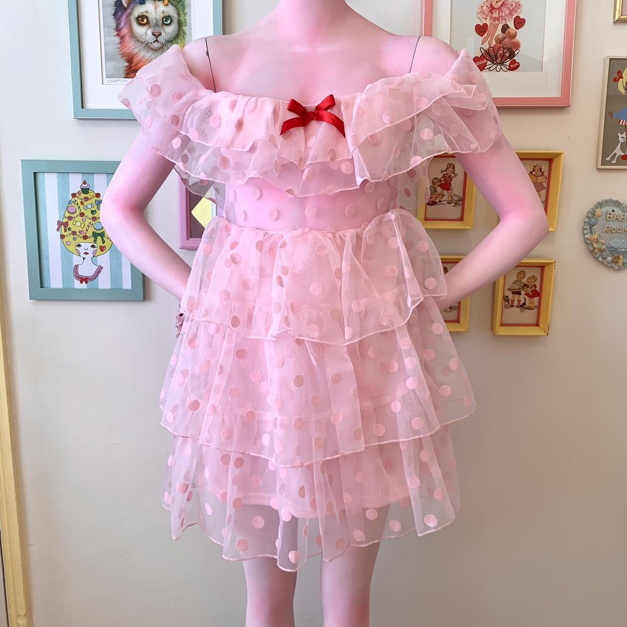 Big poofy pink dress! Polka dot ruffles with red bow... - Depop
