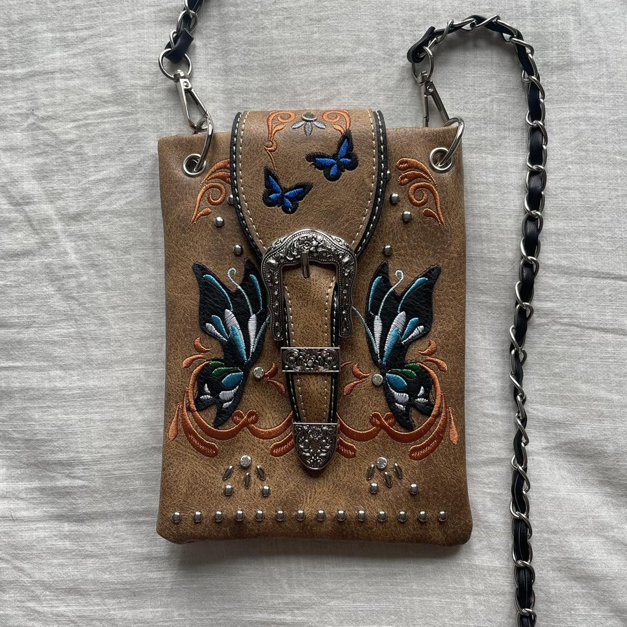 super cute brown leather embroidered womens small... - Depop