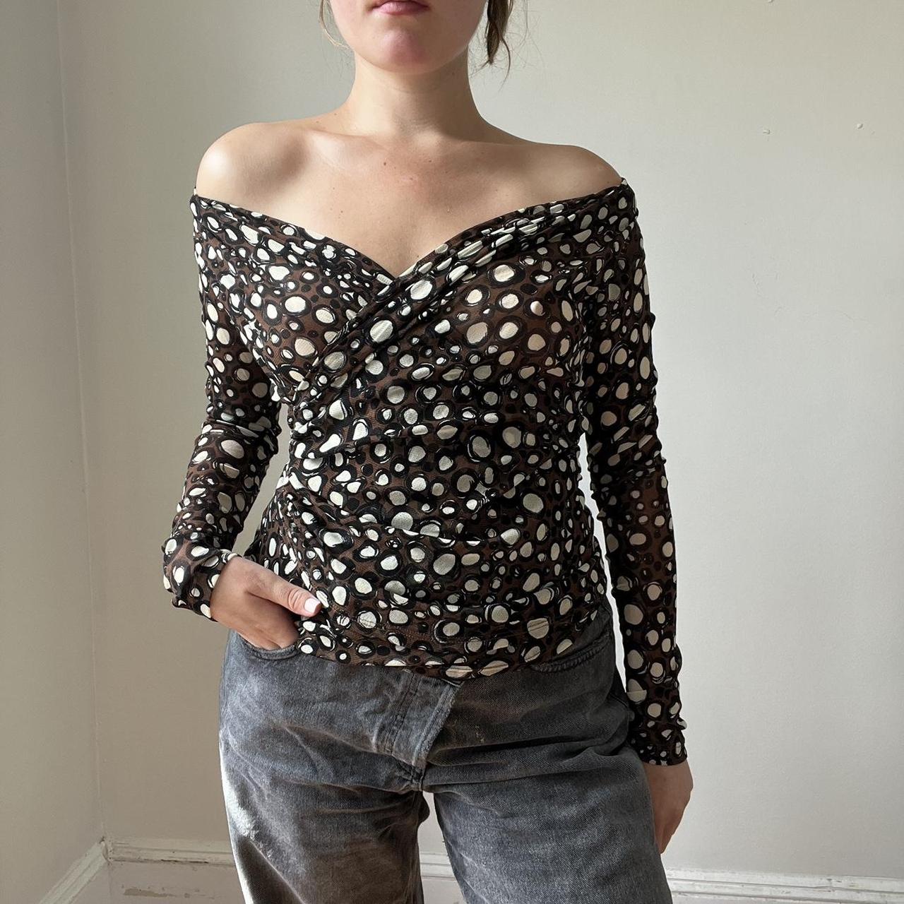 Grunge micro mesh sheer printed top // in color... - Depop