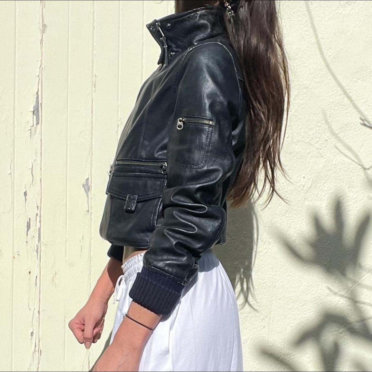 Cute cropped navy blue leather bomber jacket... - Depop