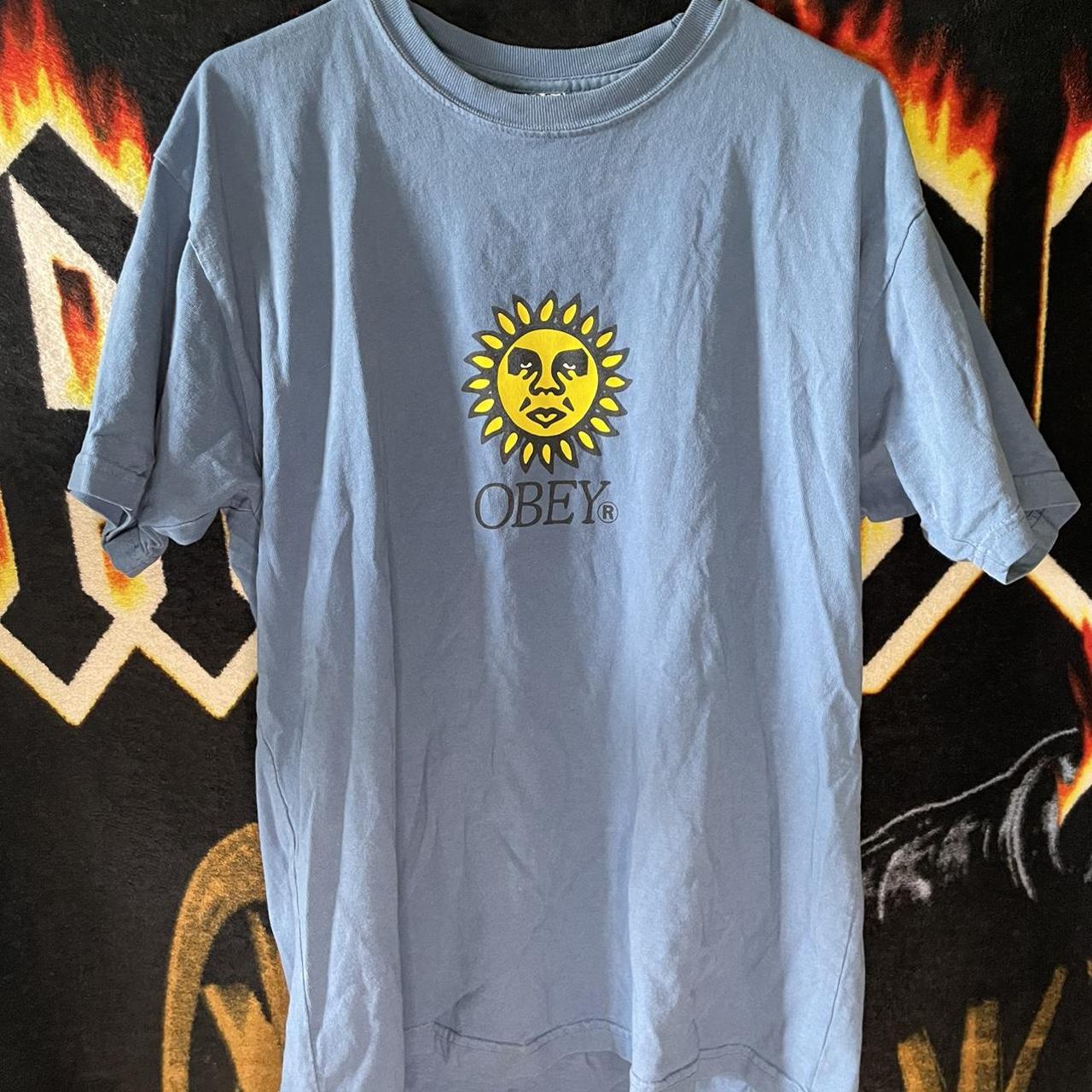 nice lil blue obey shirt tagged medium good... - Depop