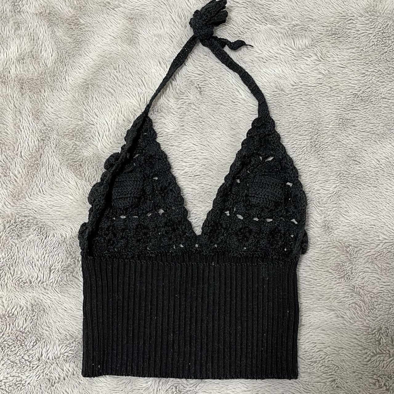 Bebe black halter neck crochet backless top - size... | Depop