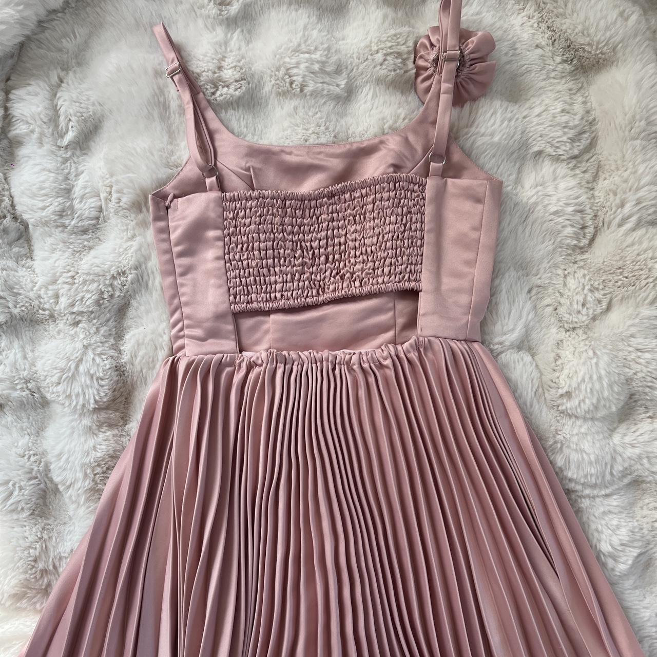 pink satin pleated mini dress with flower pin new... - Depop