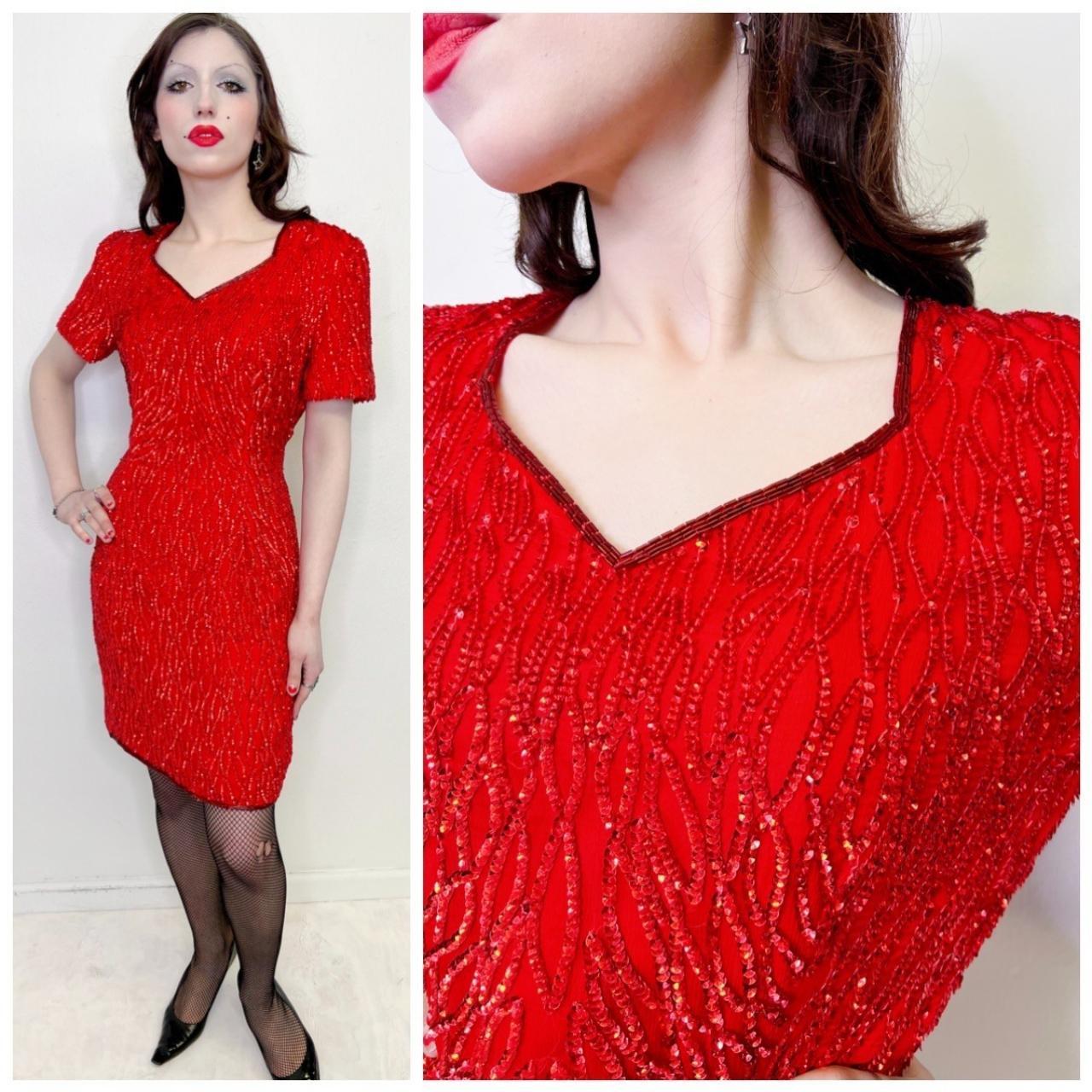 Vintage 80s Silk Sequin Red Cocktail Party Dress by... - Depop